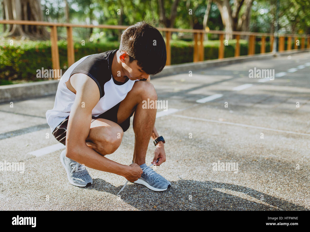 Runner trying running shoes getting ready for run. Healthy lifestyle ...