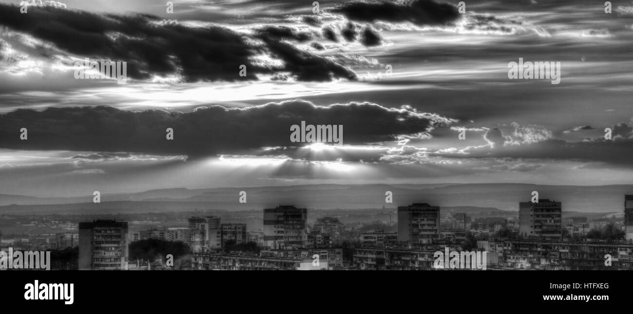 Scenic sunset over town Black and White Stock Photos & Images - Alamy