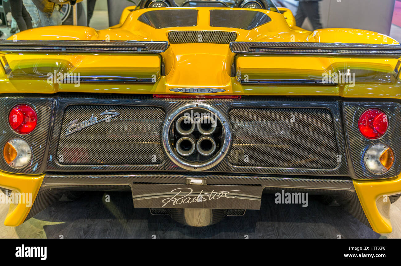 GENEVA, SWITZERLAND - MARCH 8, 2017: Detail of the Zonda Roadster at ...