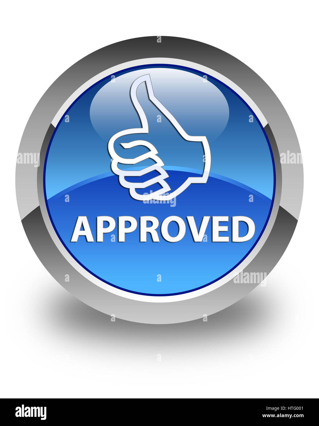 Approved (thumbs up icon) isolated on glossy blue round button abstract ...