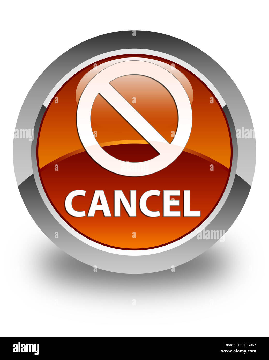 Cancel (prohibition sign icon) isolated on glossy brown round button ...