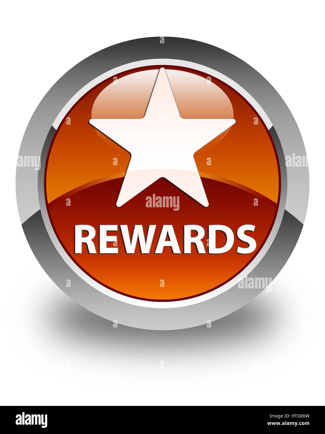 Rewards (star icon) isolated on glossy brown round button abstract ...