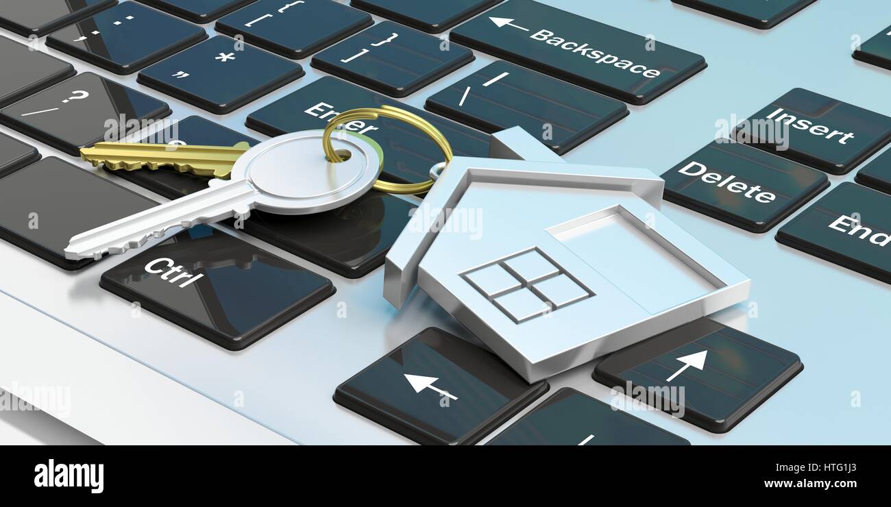 House keys on a laptop. 3d illustration Stock Photo - Alamy