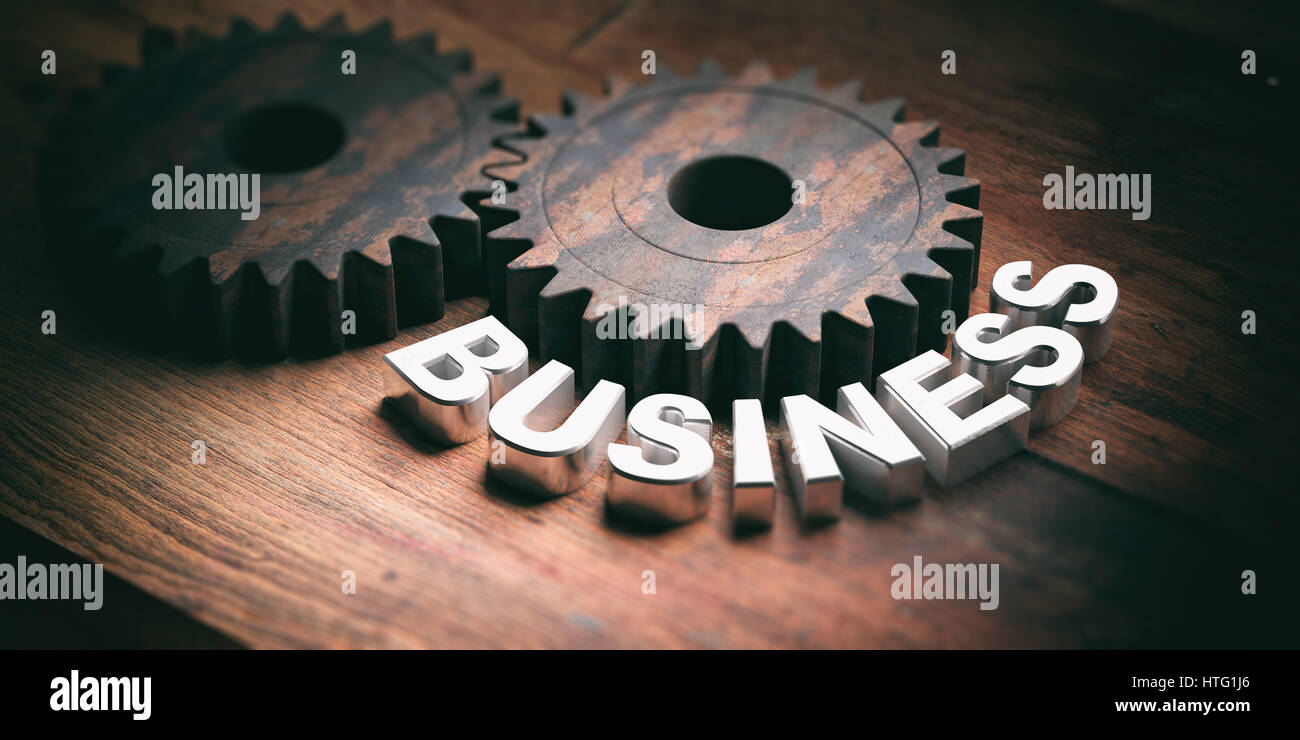 Business gears on wooden background. 3d illustration Stock Photo - Alamy