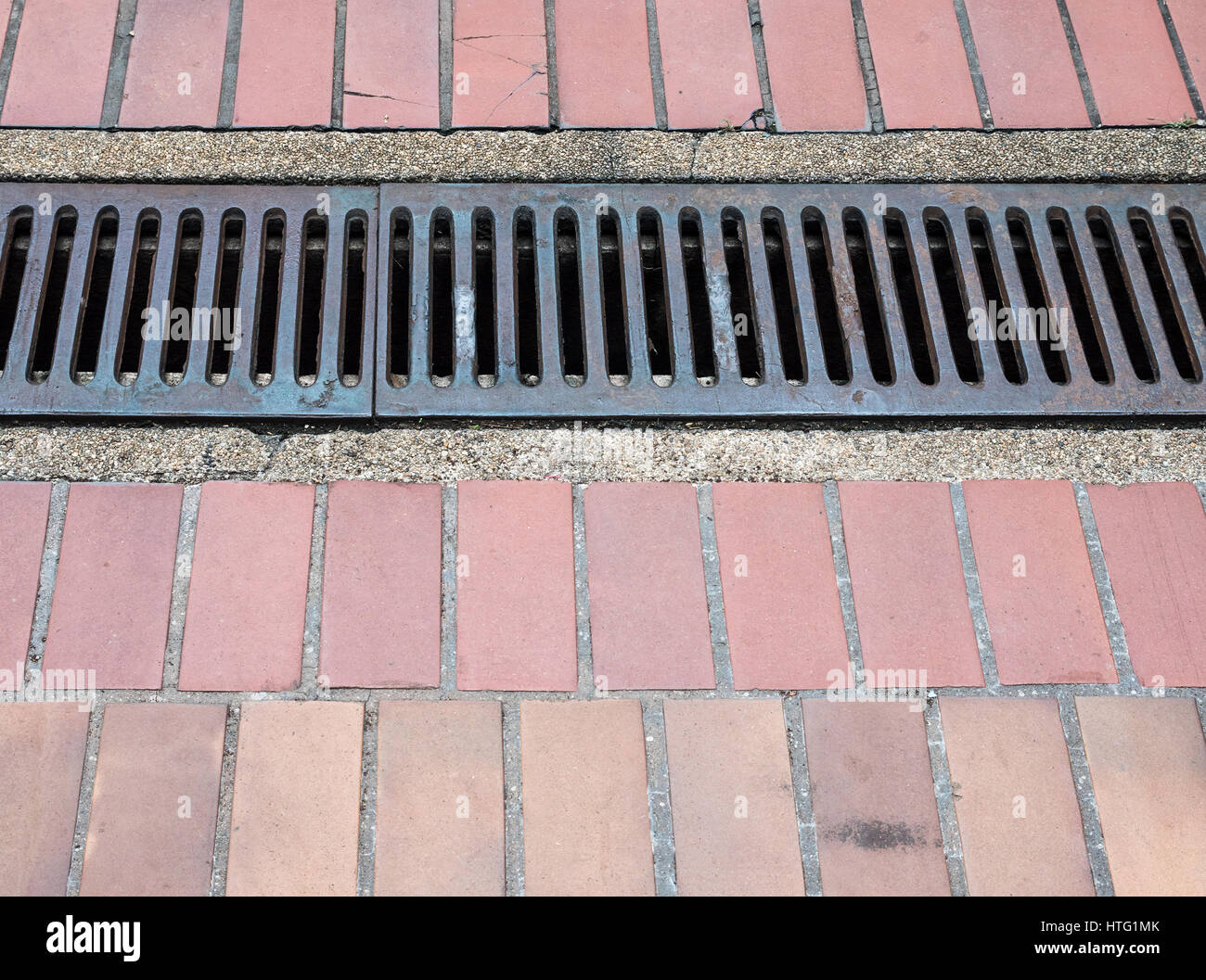 Steel drain grate on the tile pathway in the large university Stock ...