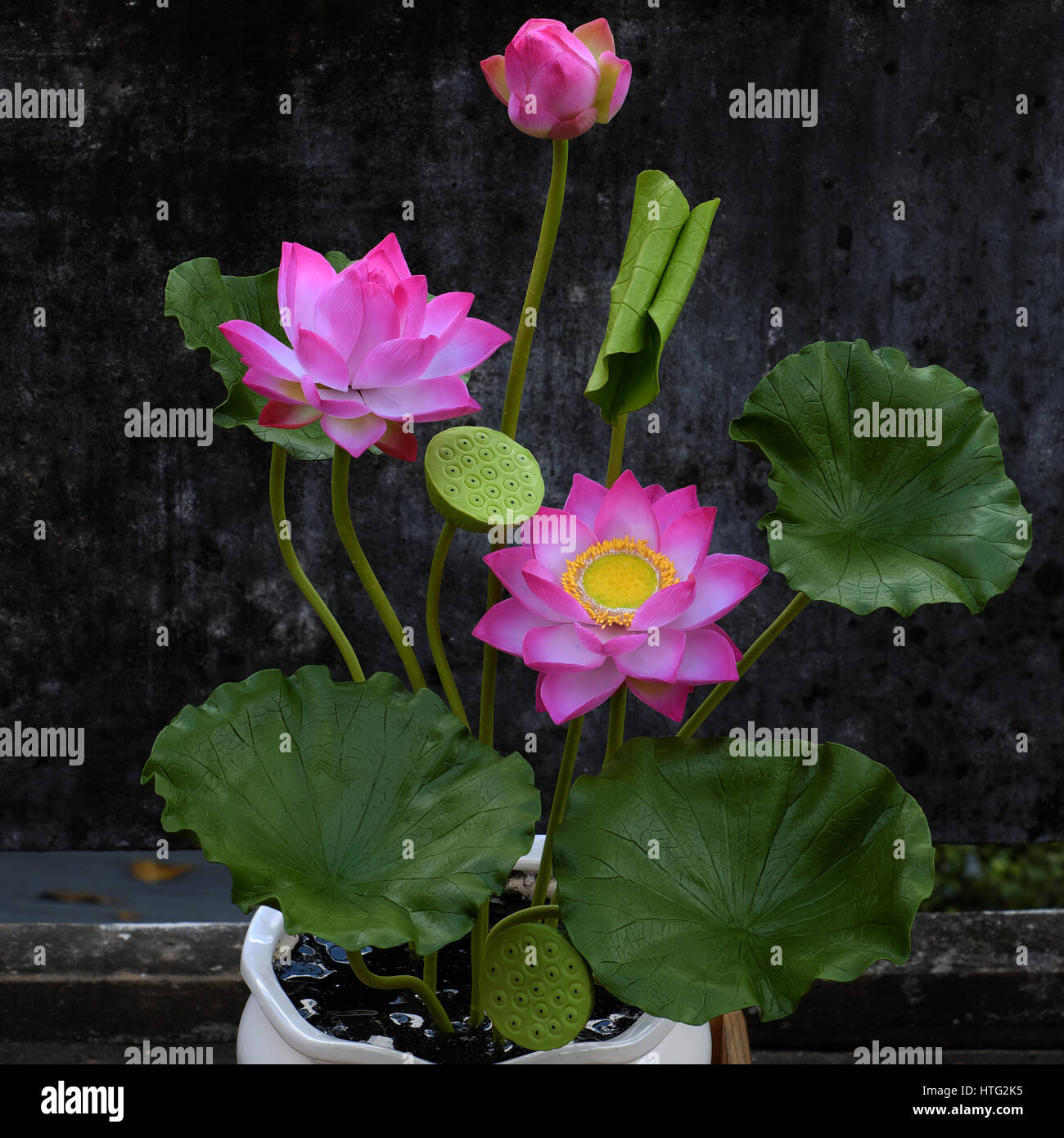 Artificial flower, handmade clay lotus flower with green leaf, pink ...