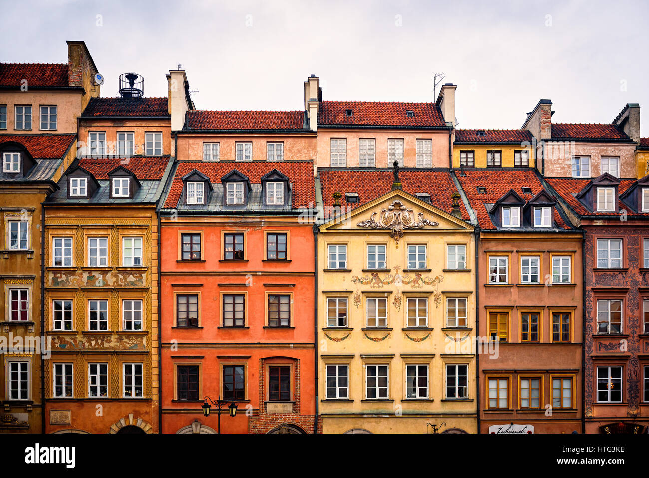 Row of restored colourful houses in the restored Old Town of Warsaw ...