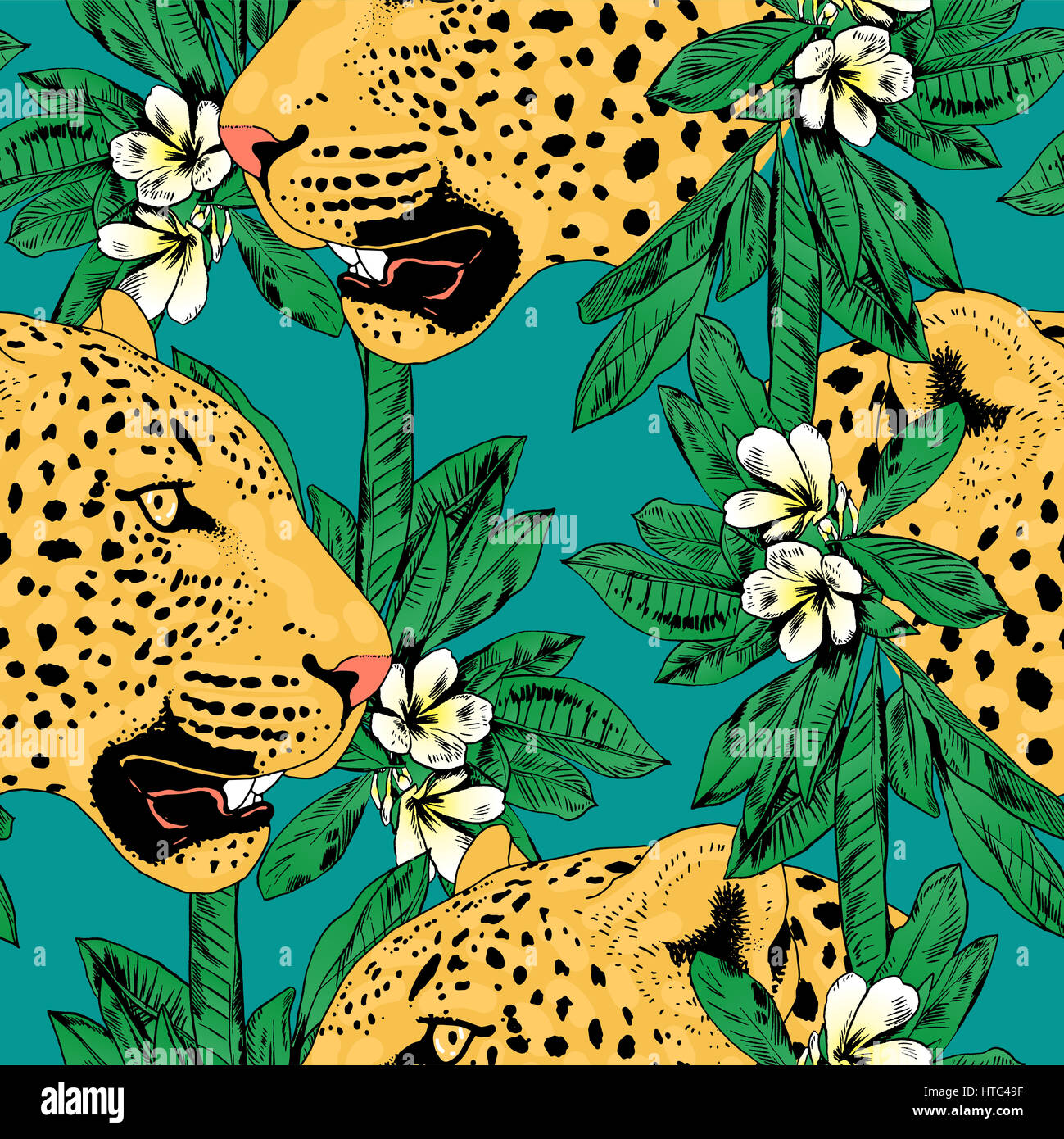 leopards in colorful tropical flowers seamless background. Animal ...