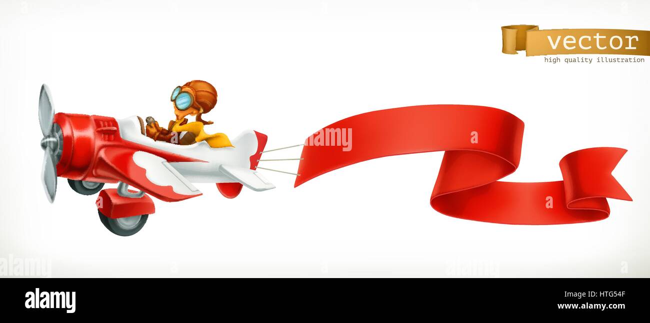 Funny airplane with red banner, 3d vector cartoon isolated on white ...