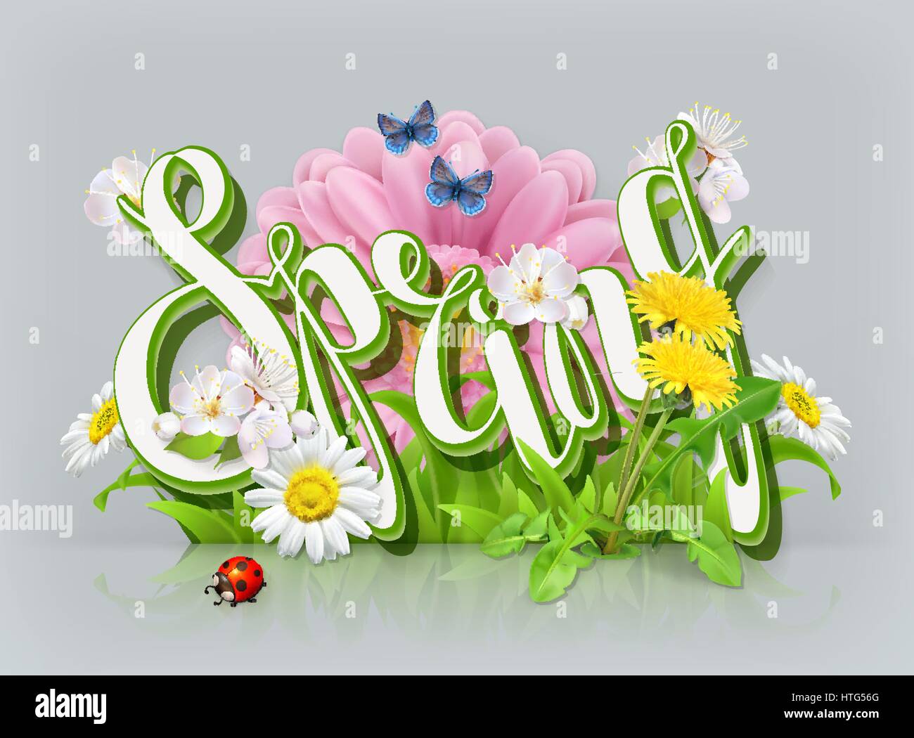 Spring lettering. Grass and flowers. 3d vector icon Stock Vector Image ...