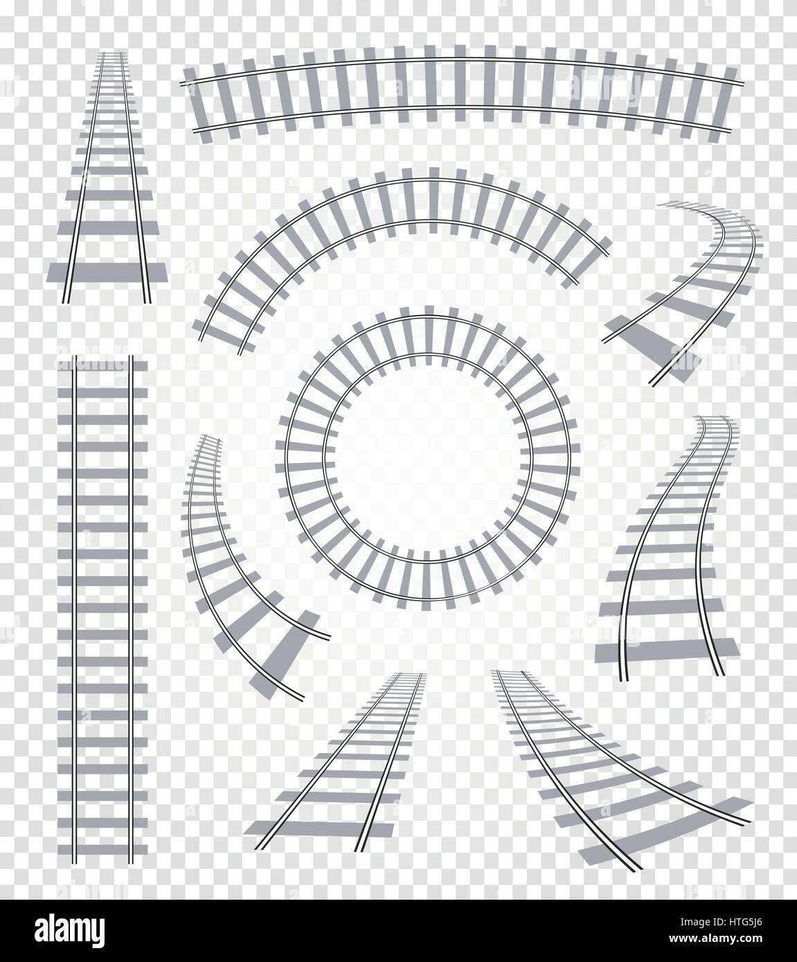 Isolated curvy and straight rails set, railway top view collection, ladder elements vector ...
