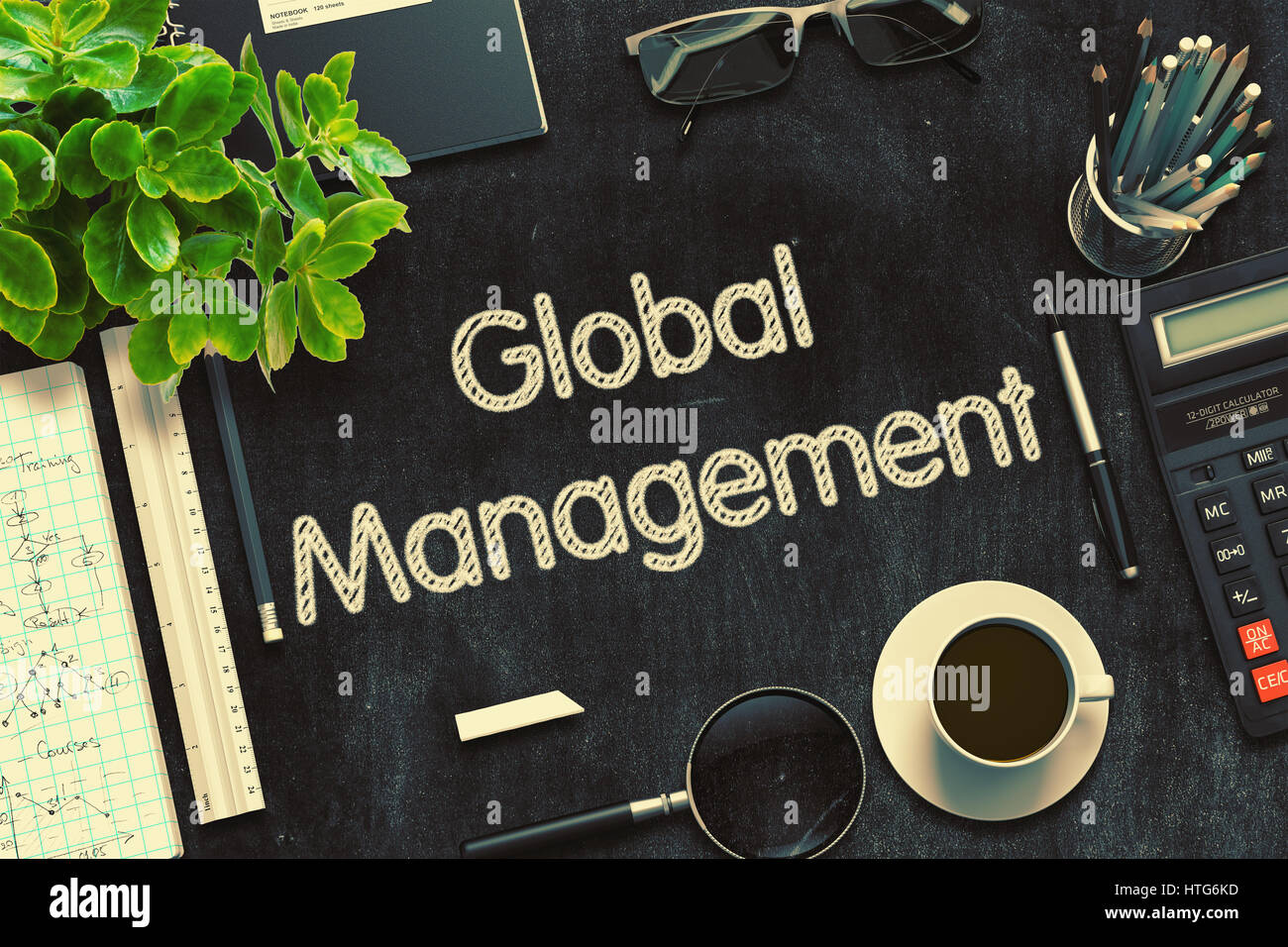 Global Management Handwritten on Black Chalkboard. Top View of Black ...