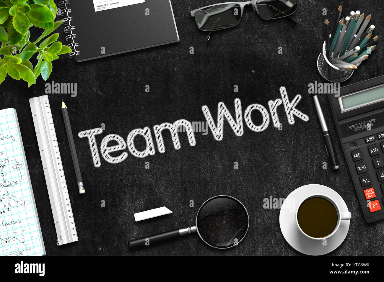 Team Work Handwritten on Black Chalkboard. Top View Composition with ...