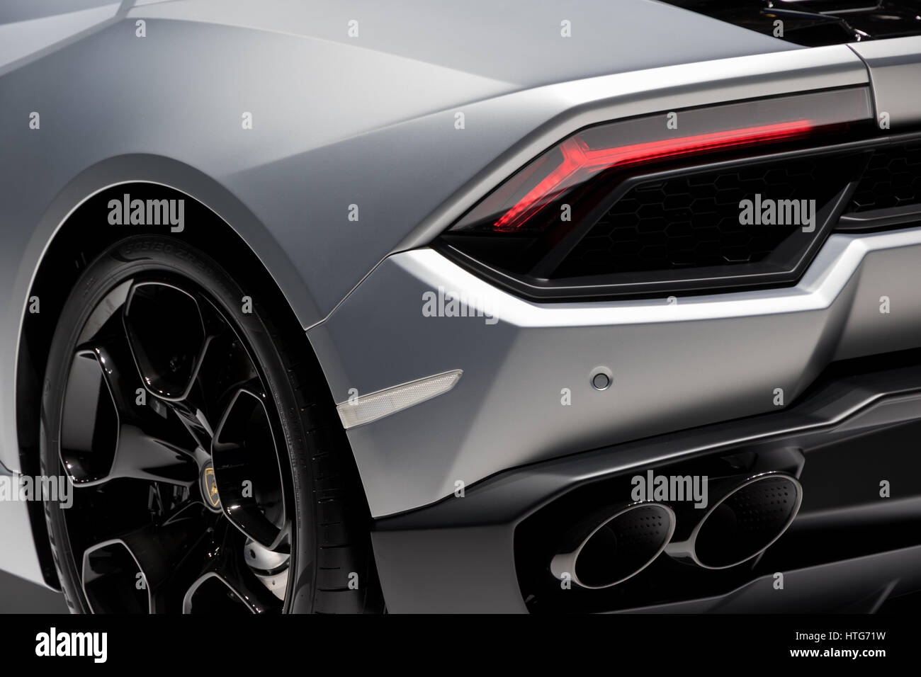 GENEVA, SWITZERLAND - MARCH 7, 2017: Lamborghini Huracan sports car presented at the 87th Geneva ...