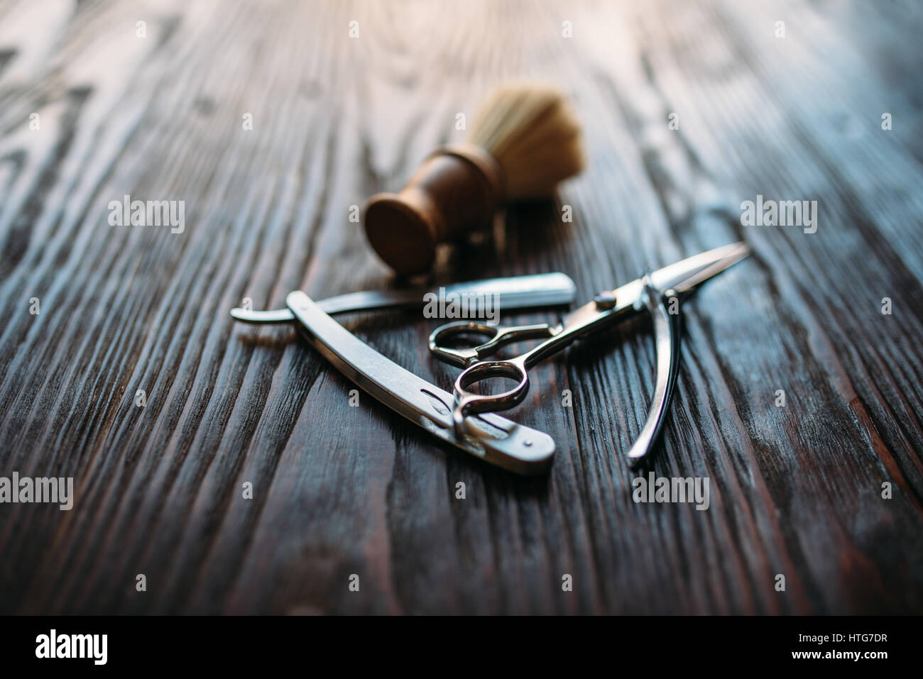 Shaving and barber shop equipment on wooden background, closeup Stock ...