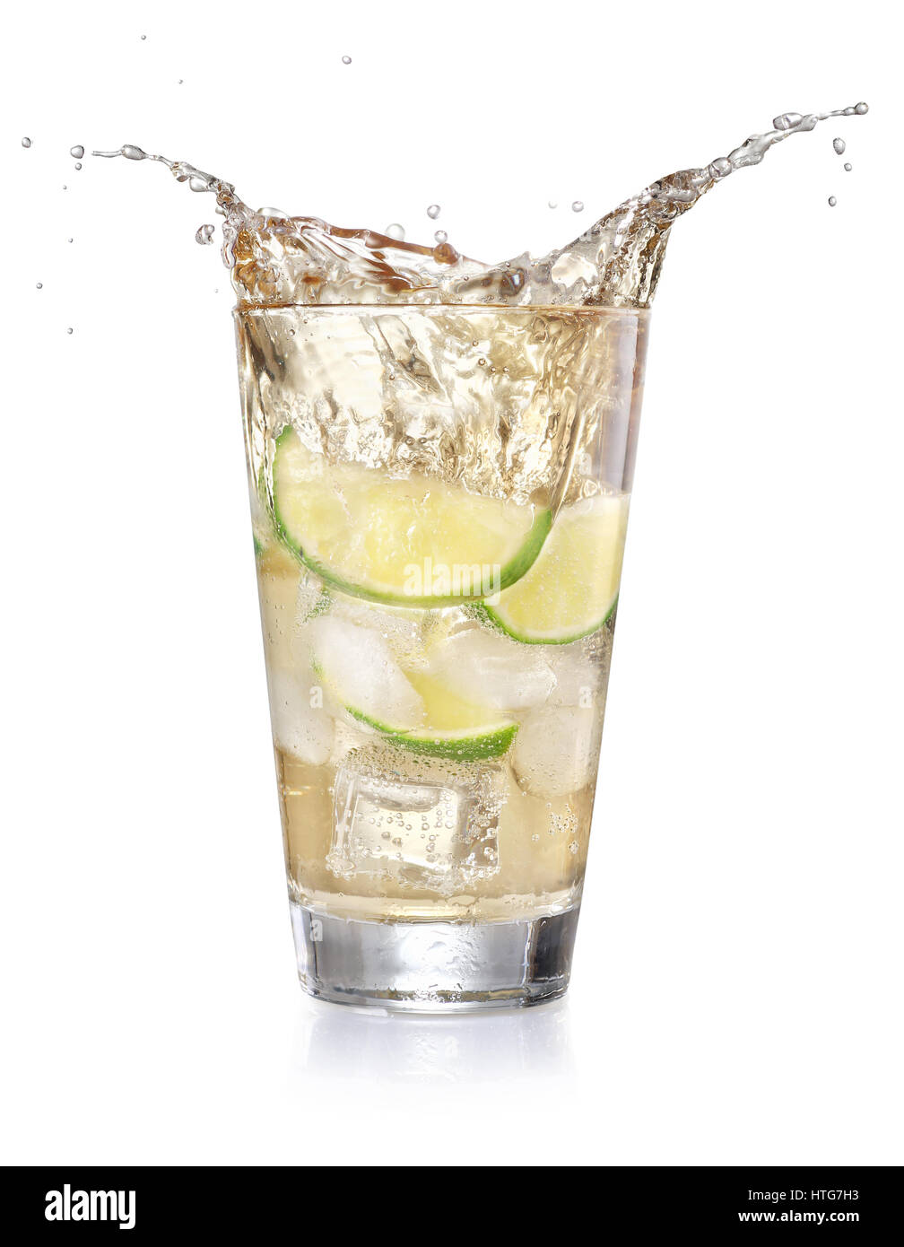 iced lemonade soda in a glass with splashing isolated on white ...