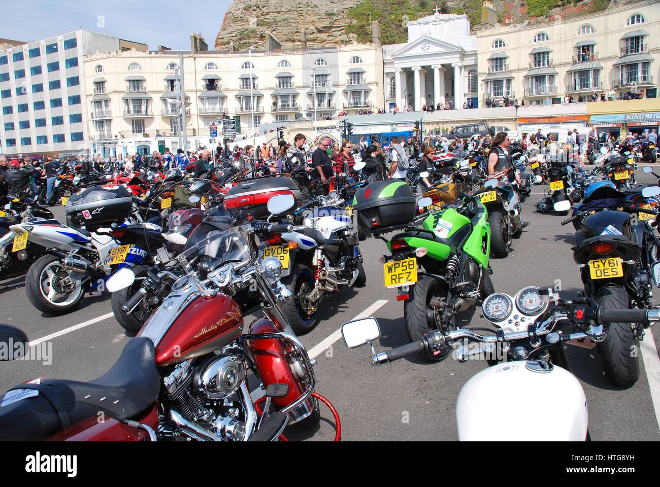 Motorcycles parked on the seafront during the annual May Day bikers ...