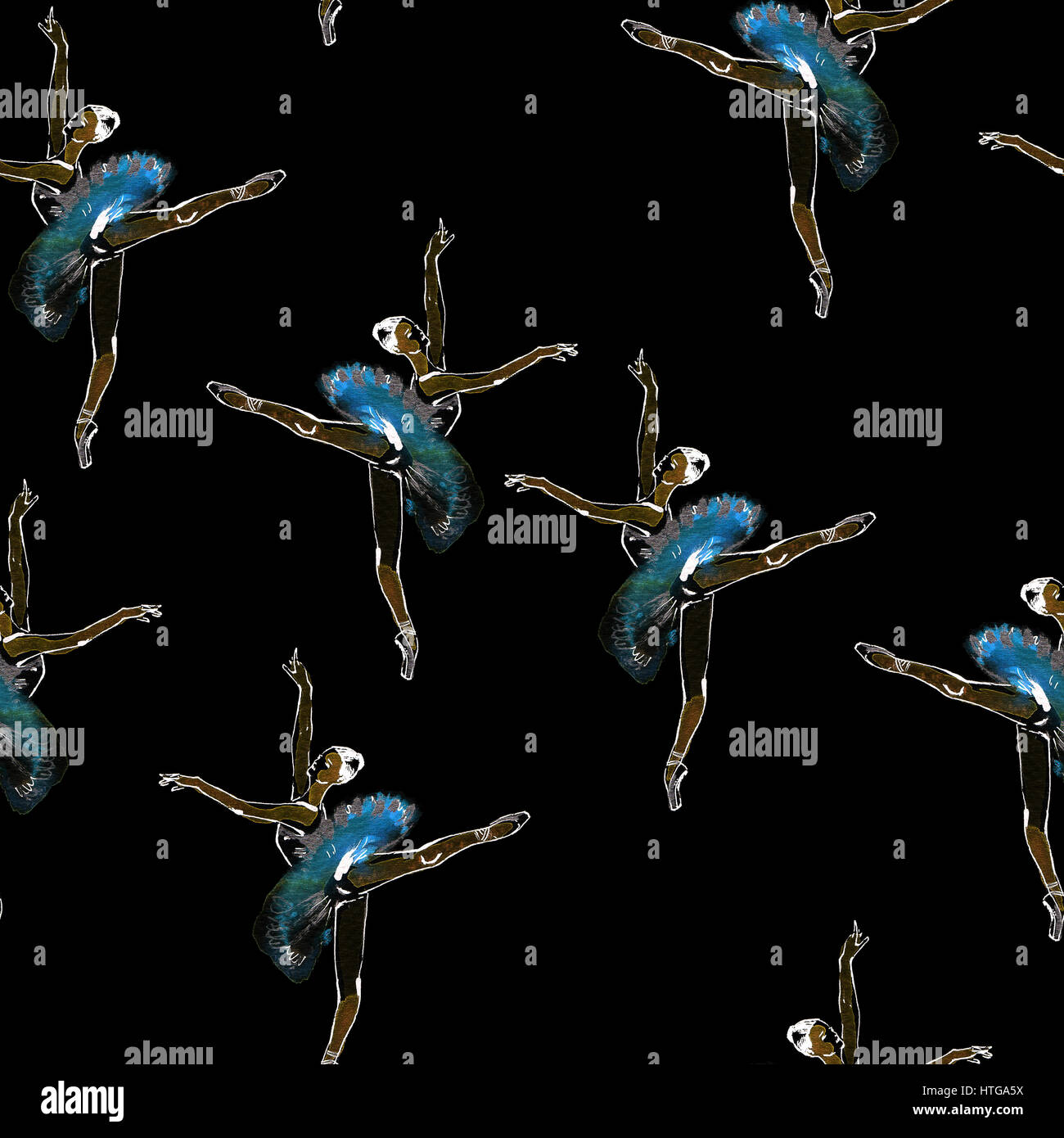 Seamless pattern of ballet dancers in arabesque pose, black and silver ...