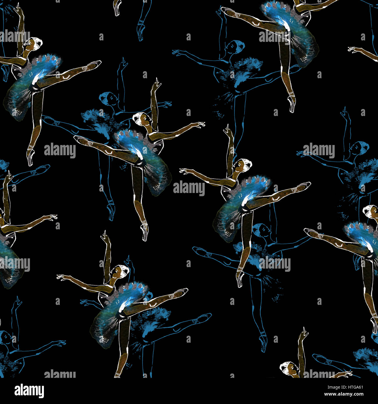 Seamless pattern of ballet dancers in arabesque pose, black, blue and ...