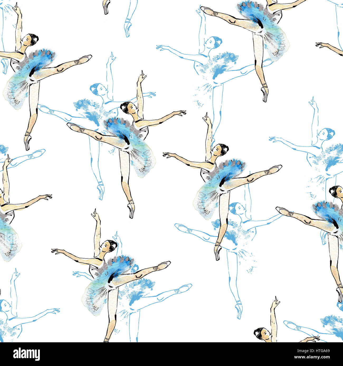 Seamless pattern of ballet dancers in arabesque pose, black, blue and ...