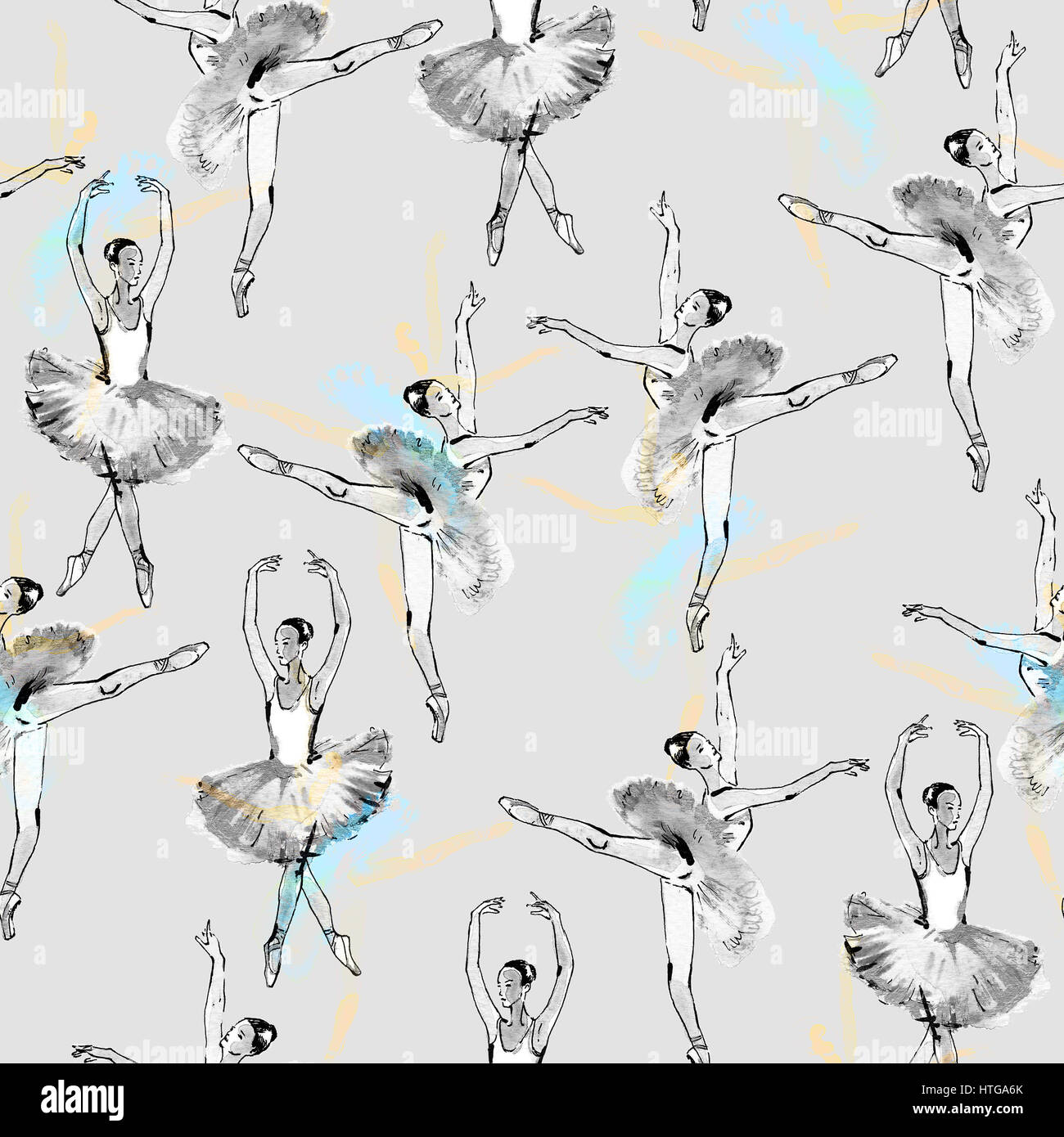 Seamless pattern of ballet dancers, black and silver drawing ...