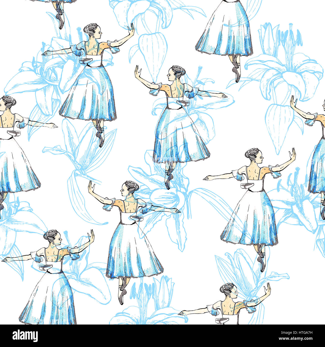 Seamless pattern of ballet dancers and lilies, black and silver drawing ...