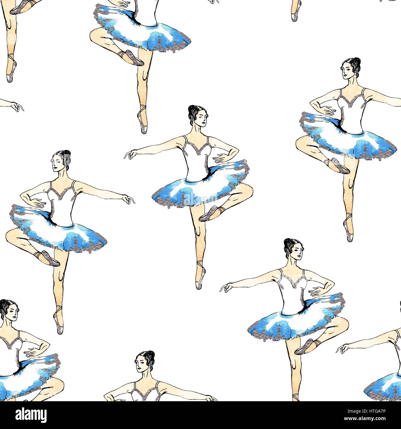 Seamless pattern of ballet dancers turning, black and silver drawing ...