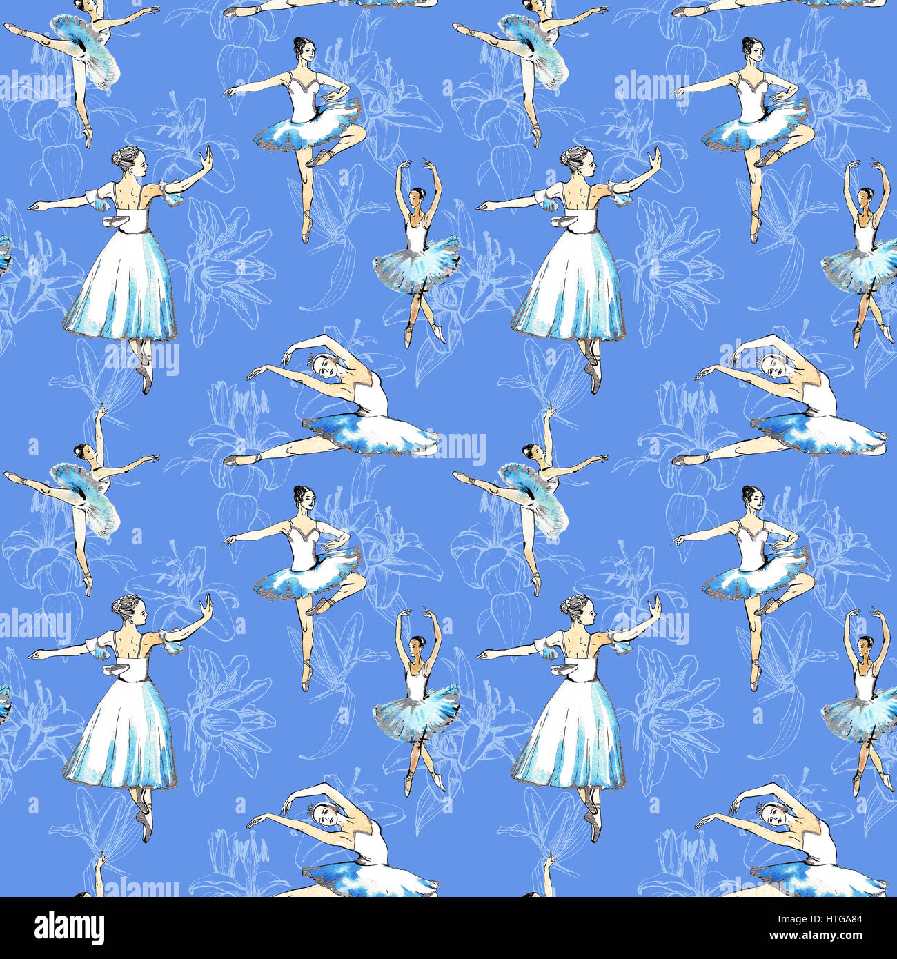 Seamless pattern of ballet dancers and white lilies, black and silver ...