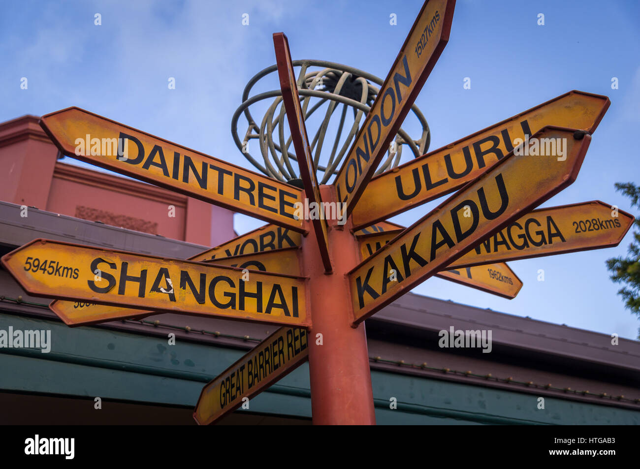 Sign post pointing towards famous landmarks and tourist sites in ...