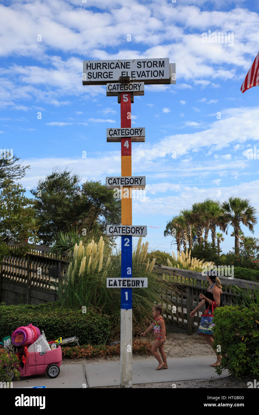 Post with signs marking water levels at various hurricane intensities ...