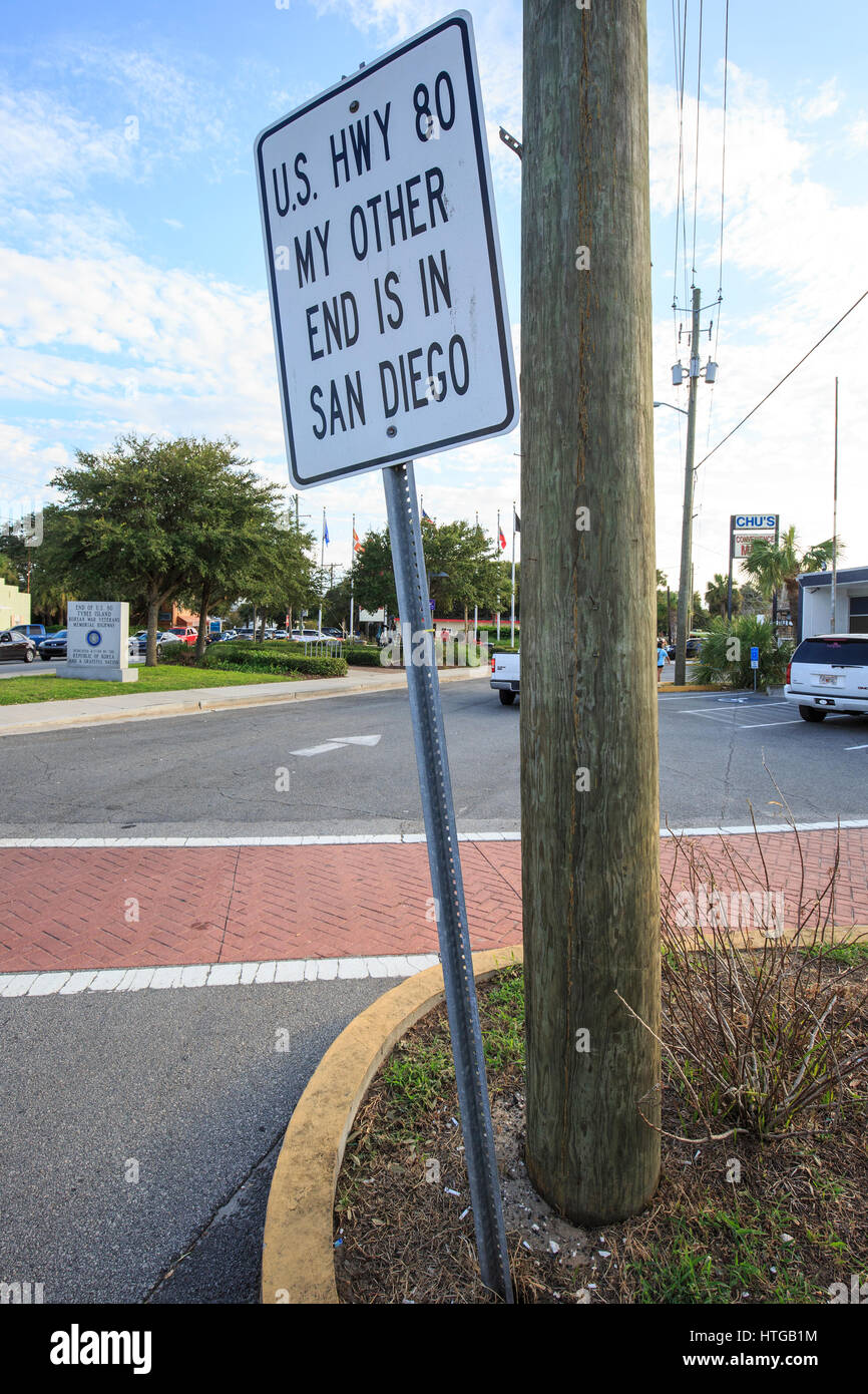 Sign marking the eastern end of US highway 80 in Tybee Beach, Georgia ...