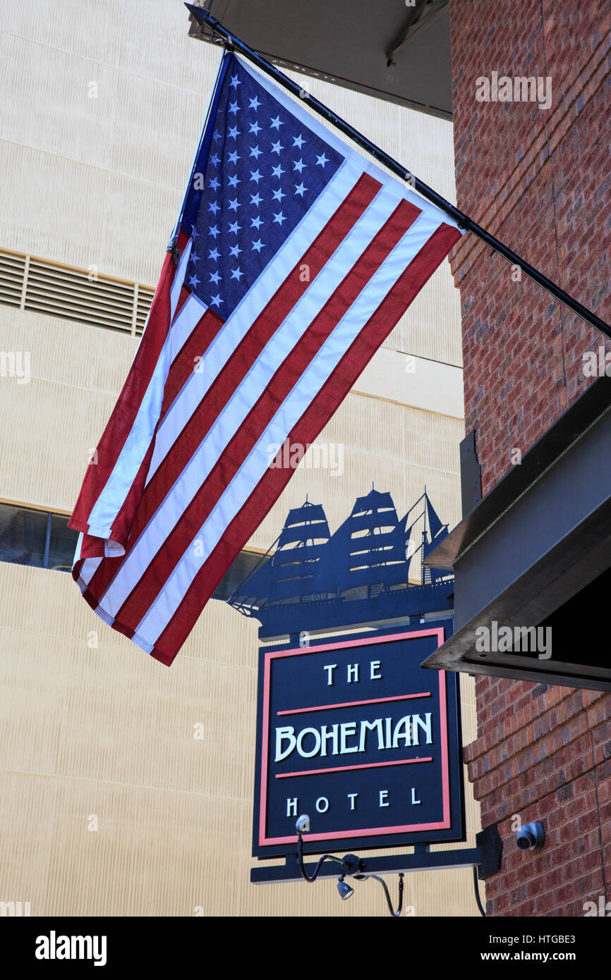 American flag hanging outside of a hotel in the downtown historical ...