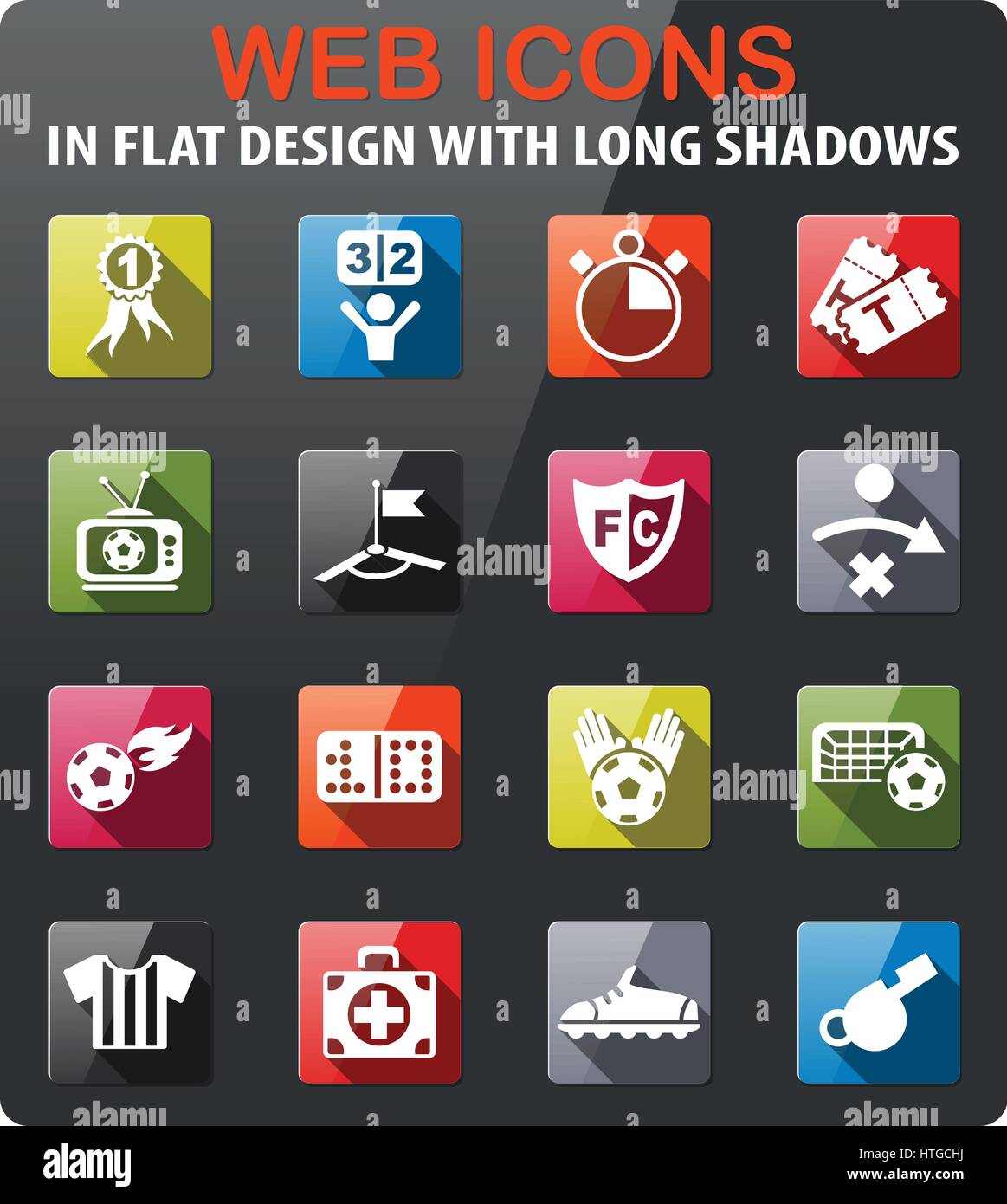 football icons set in flat design with long shadow Stock Vector Image ...