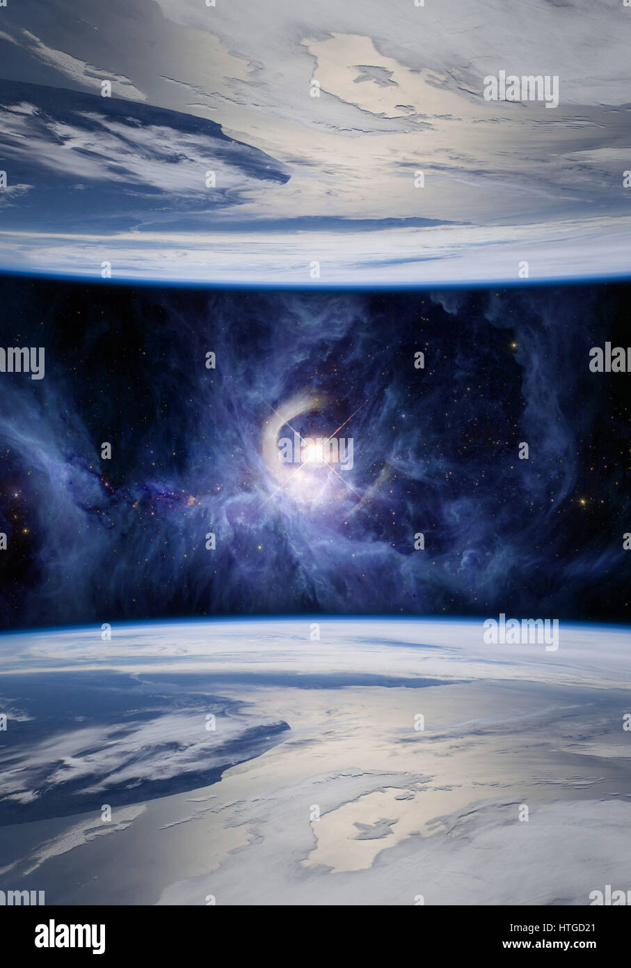 Fantasy image of mirrored Earths symbolizing parallel universes. The ...