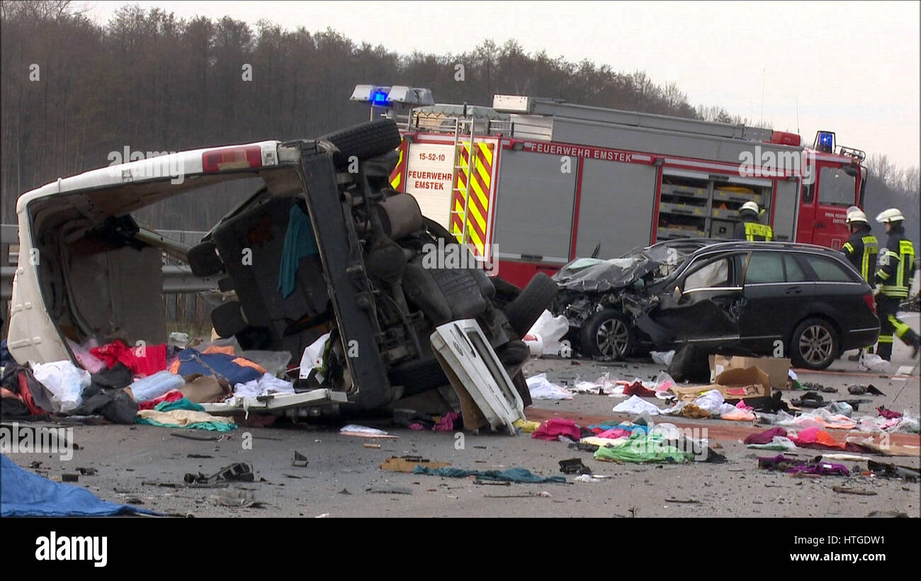 Cloppenburg, Germany. 11th Mar, 2017. The scene of a multi-car pile-up ...