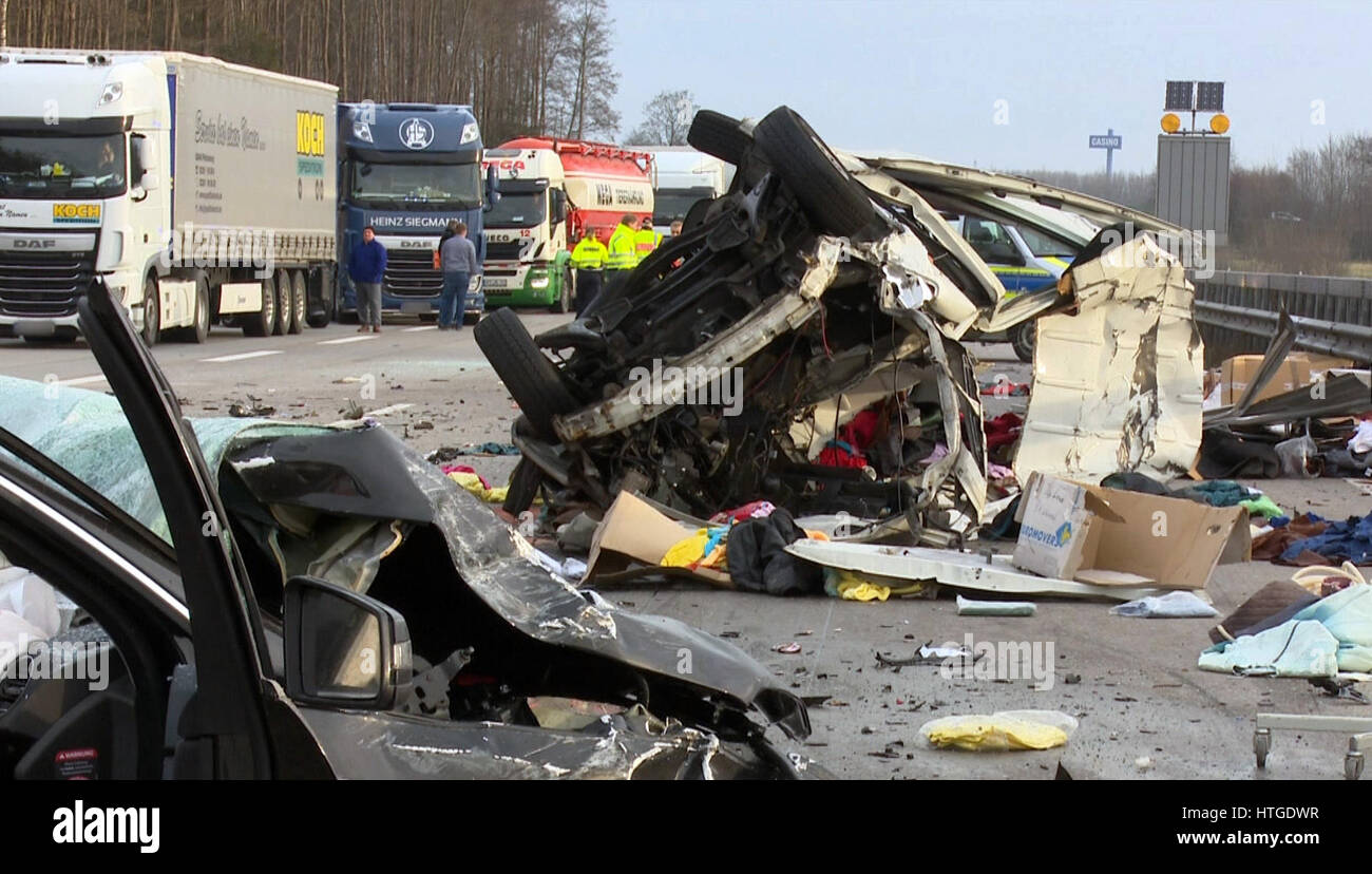Cloppenburg, Germany. 11th Mar, 2017. The scene of a multi-car pile-up ...