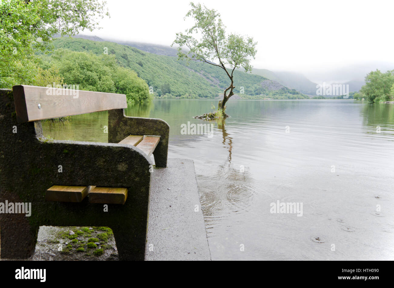 Bench beside The Lagoons, Llanberis, North Wales Stock Photo - Alamy