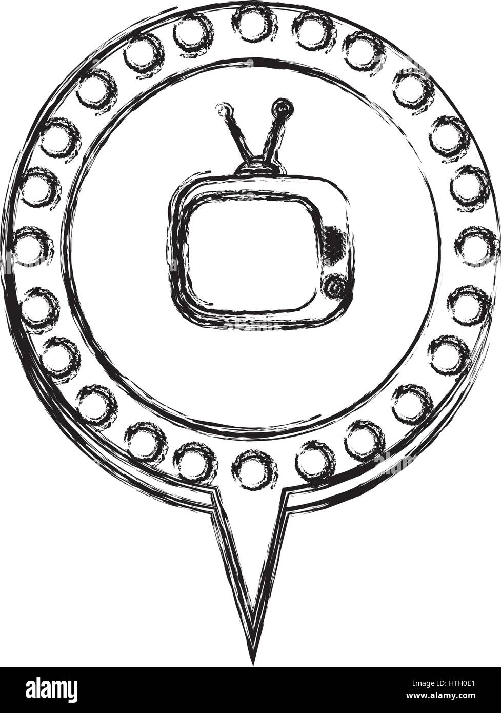 monochrome sketch with tv in circular speech with blue contour with ...
