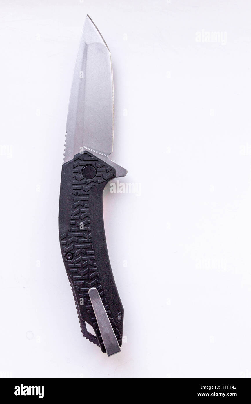 Knife with Tanto blade shape. Knife with clip Stock Photo - Alamy