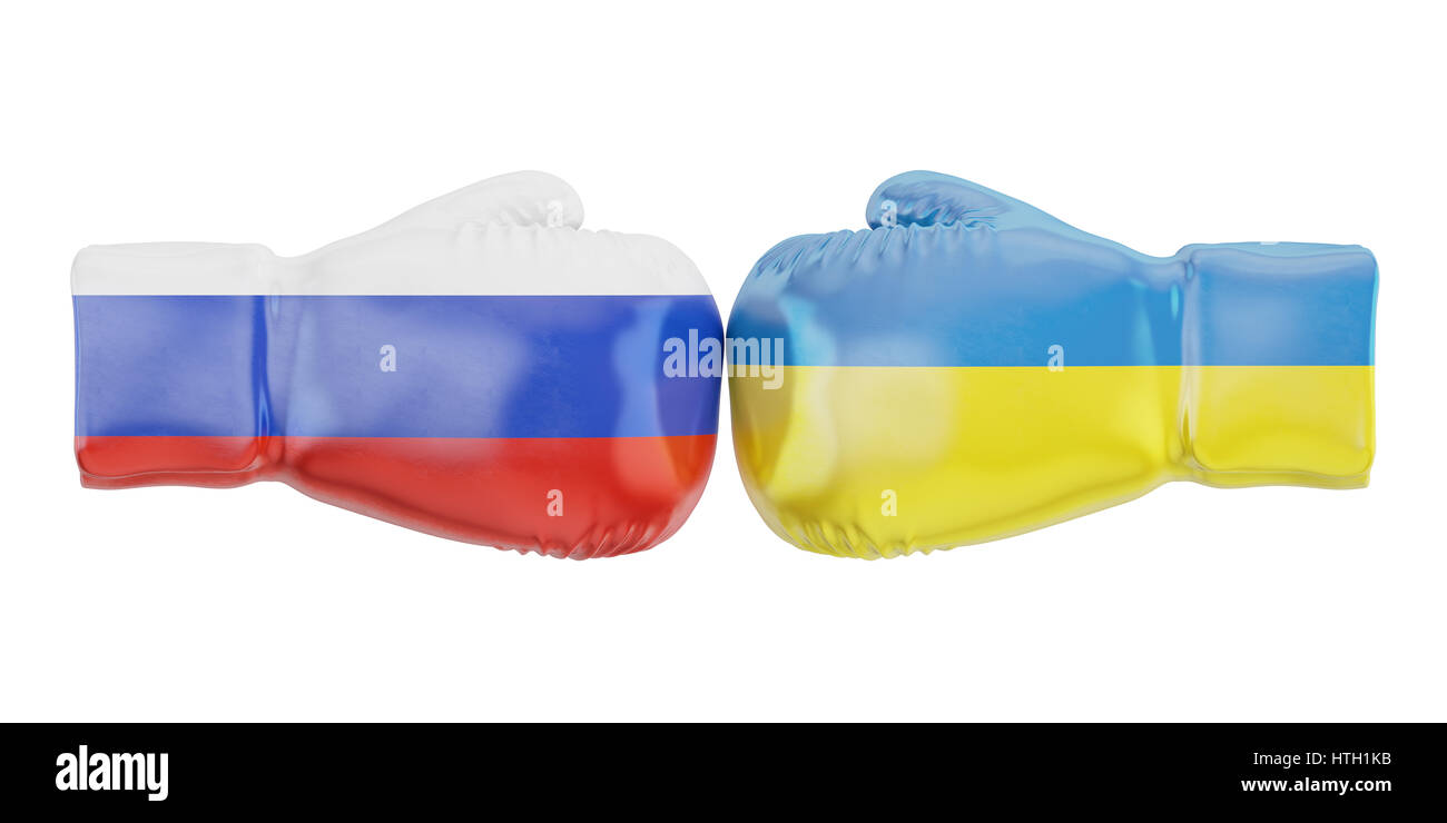Boxing gloves with Ukraine and Russia flags. Governments conflict ...