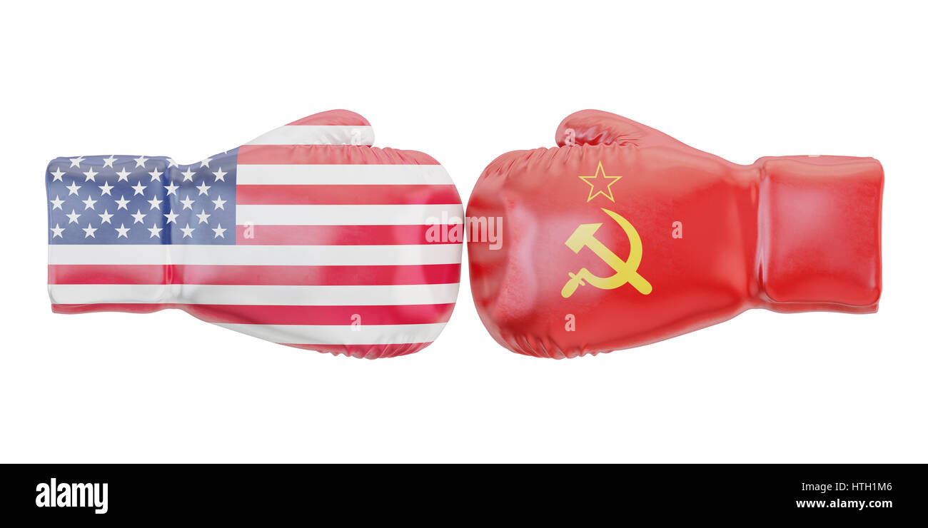 Boxing gloves with USA and USSR flags. Governments conflict concept, 3D ... Boxing gloves with USA and USSR flags. Governments conflict concept, 3D ...