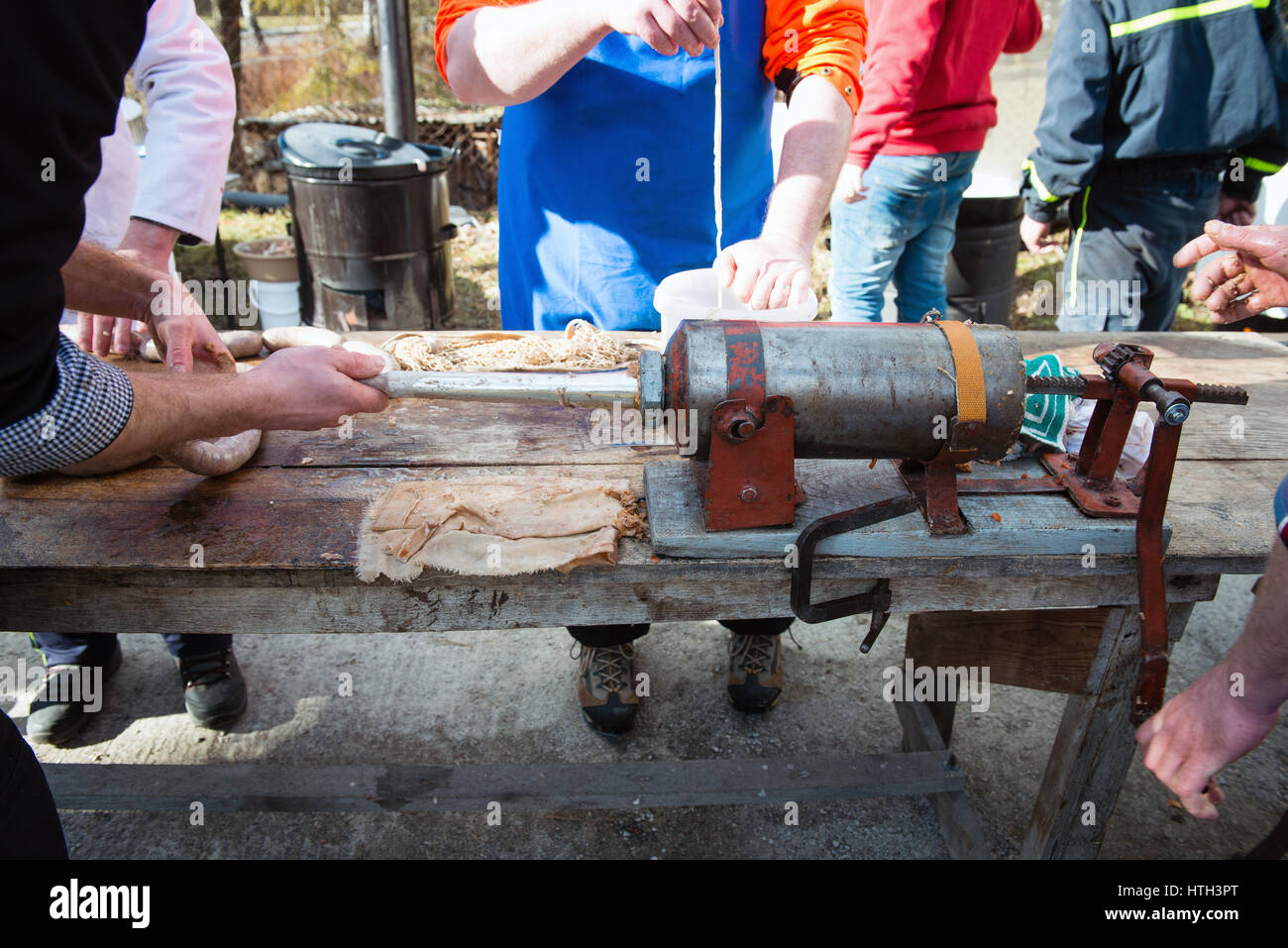 filling sausage skin with sausage meat for homemade sausages Stock ...