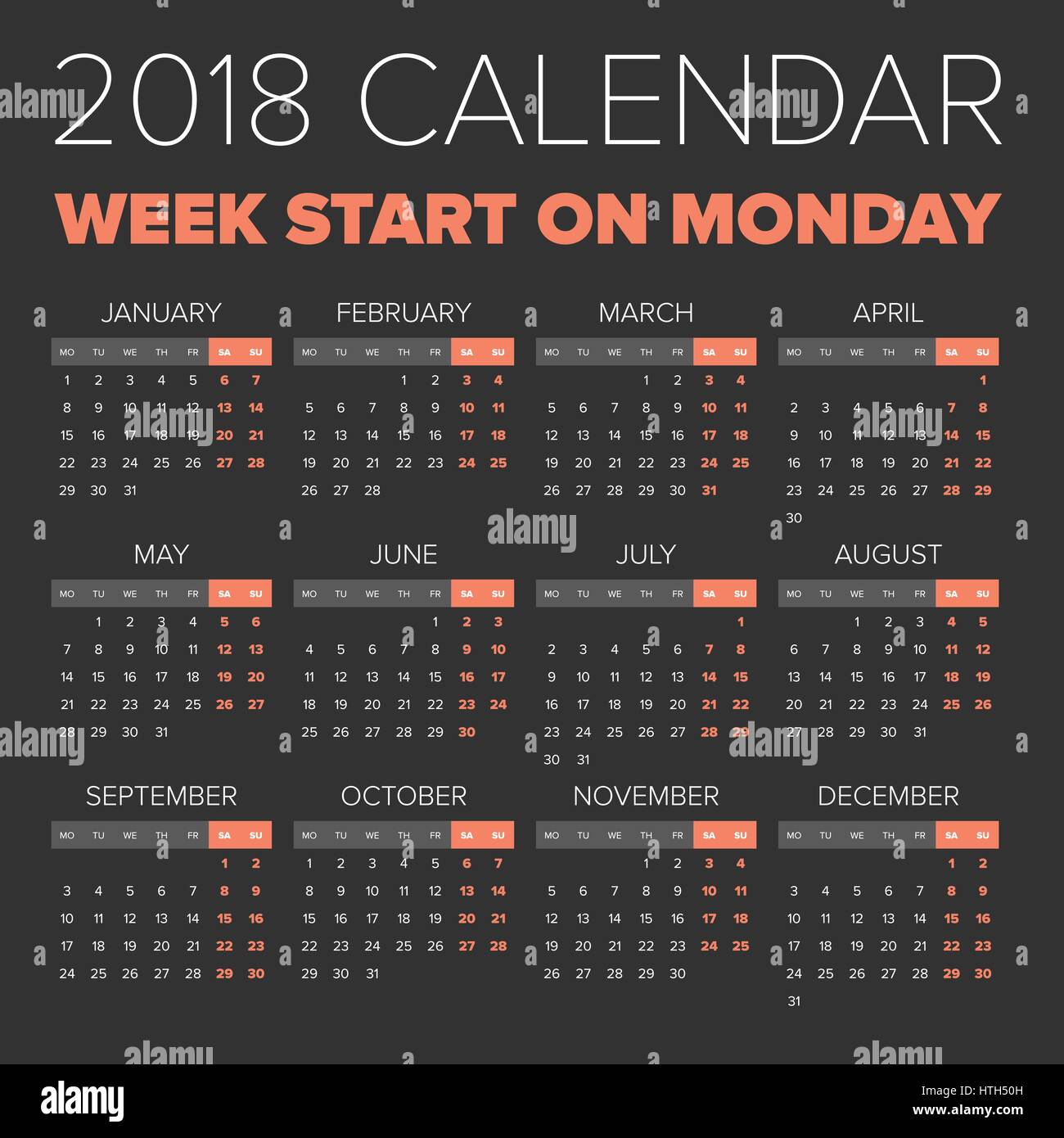 Simple 2018 year calendar, week starts on Monday Stock Vector Image ...