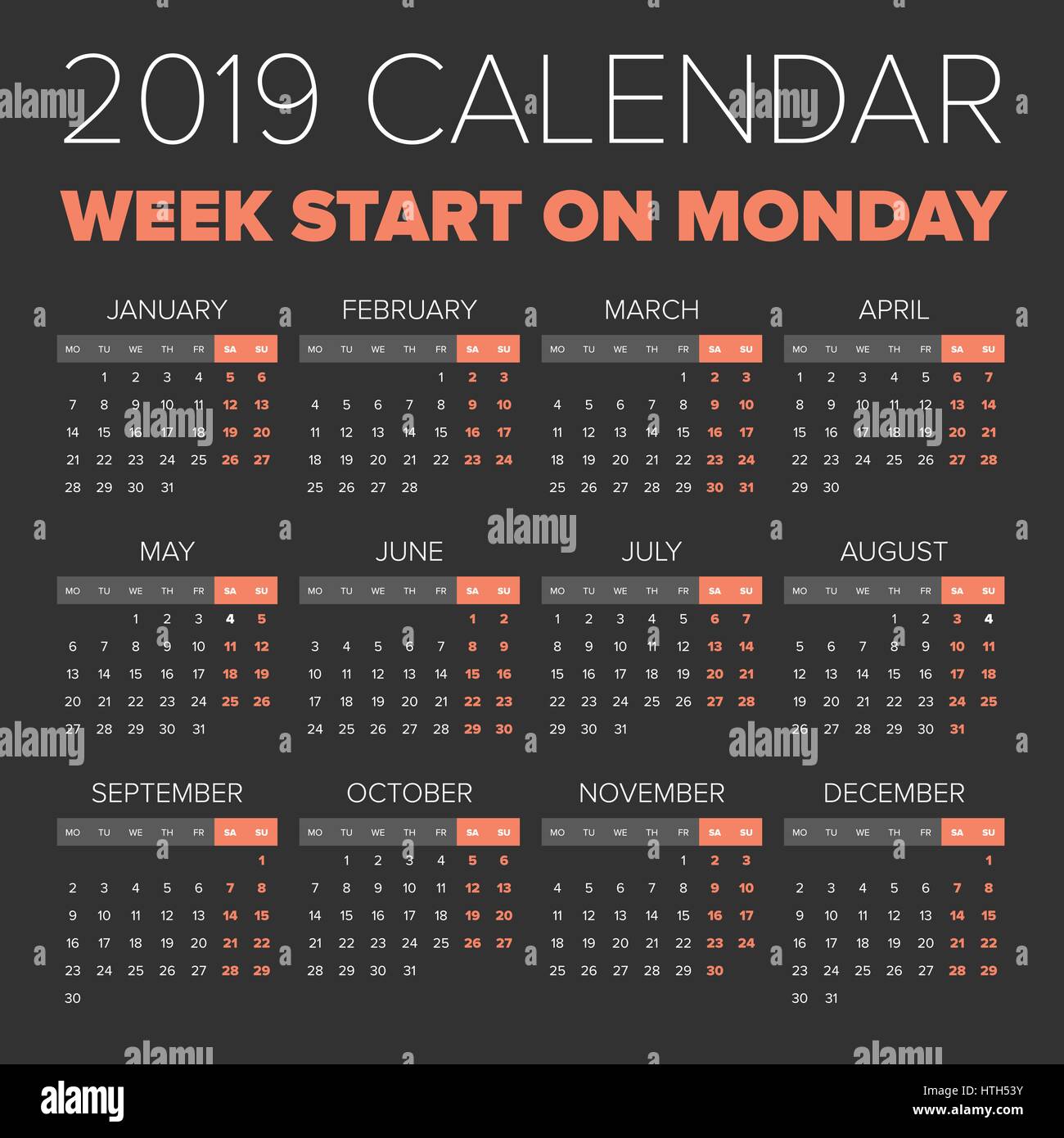 Simple 2019 year calendar, week starts on Monday Stock Vector Image ...