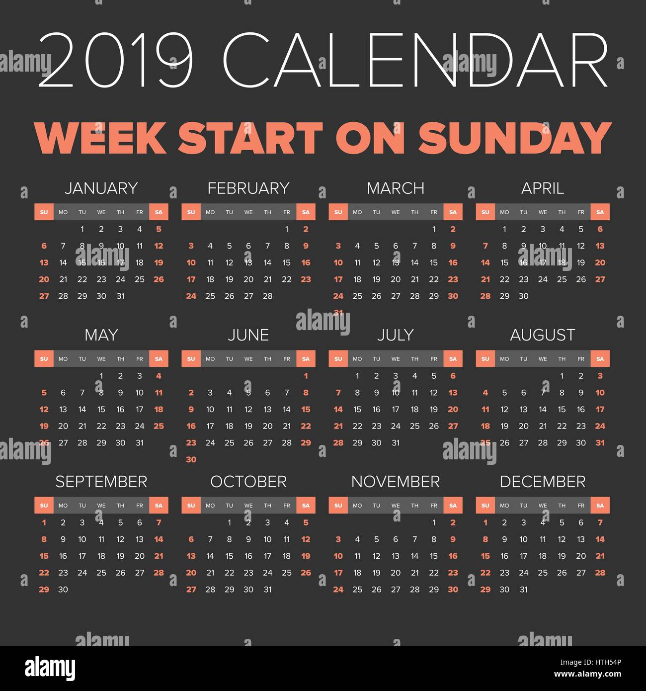Simple 2019 year calendar, week starts on Monday Stock Vector Image ...