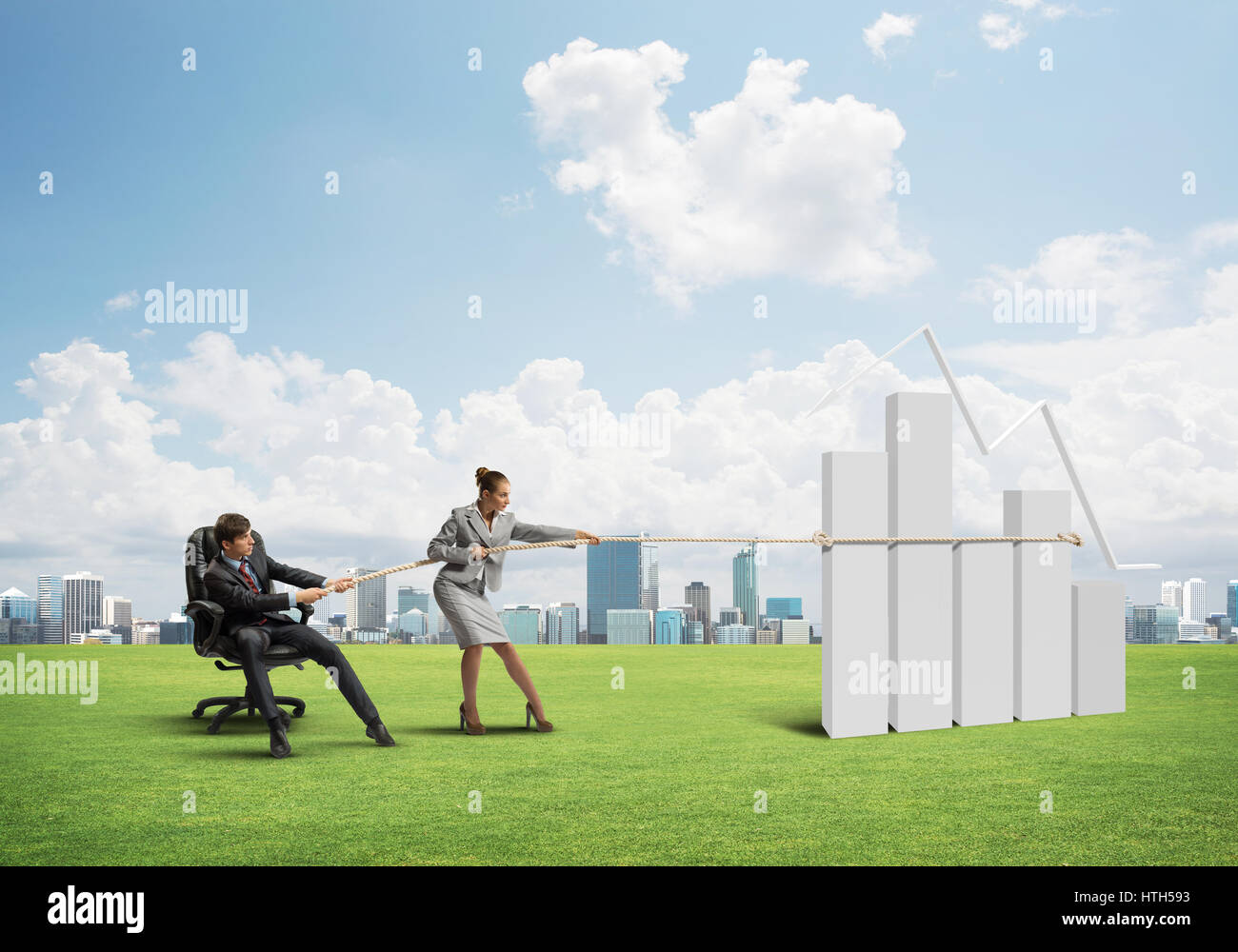 Young businesspeople outdoors and growing graph presenting growth ...