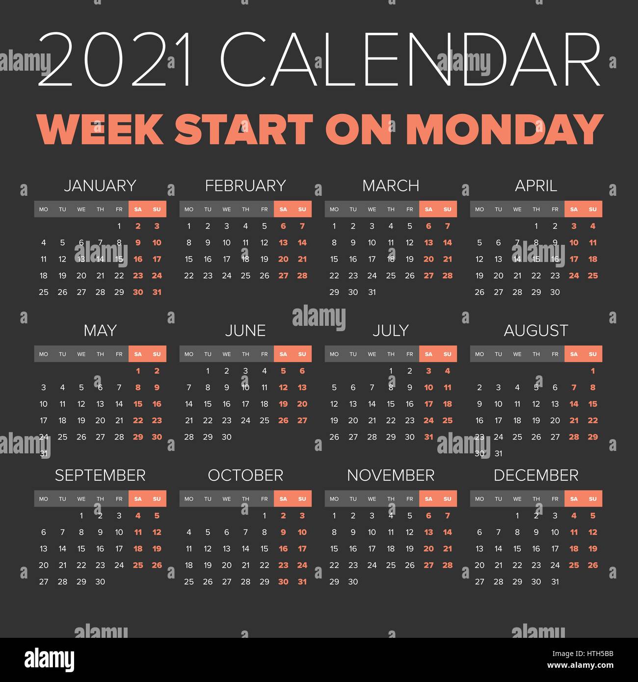 Simple 2021 year calendar, week starts on Monday Stock Vector Image ...