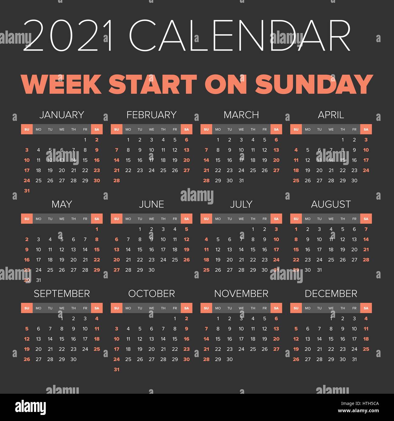 Simple 2021 year calendar, week starts on Sunday Stock Vector Image ...