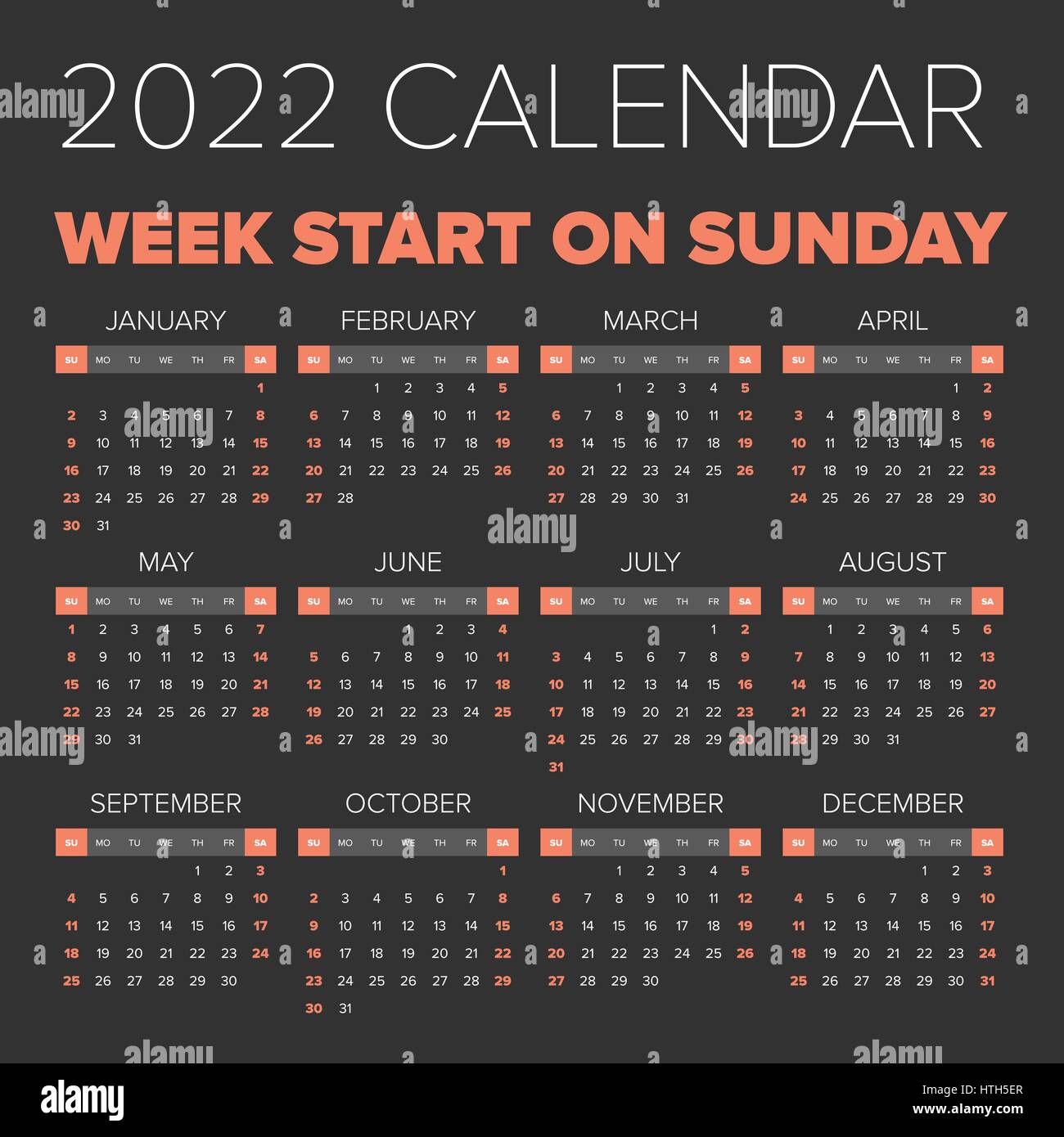 Simple 2022 year calendar, week starts on Sunday Stock Vector Image ... Simple 2022 year calendar, week starts on Sunday Stock Vector Image ...