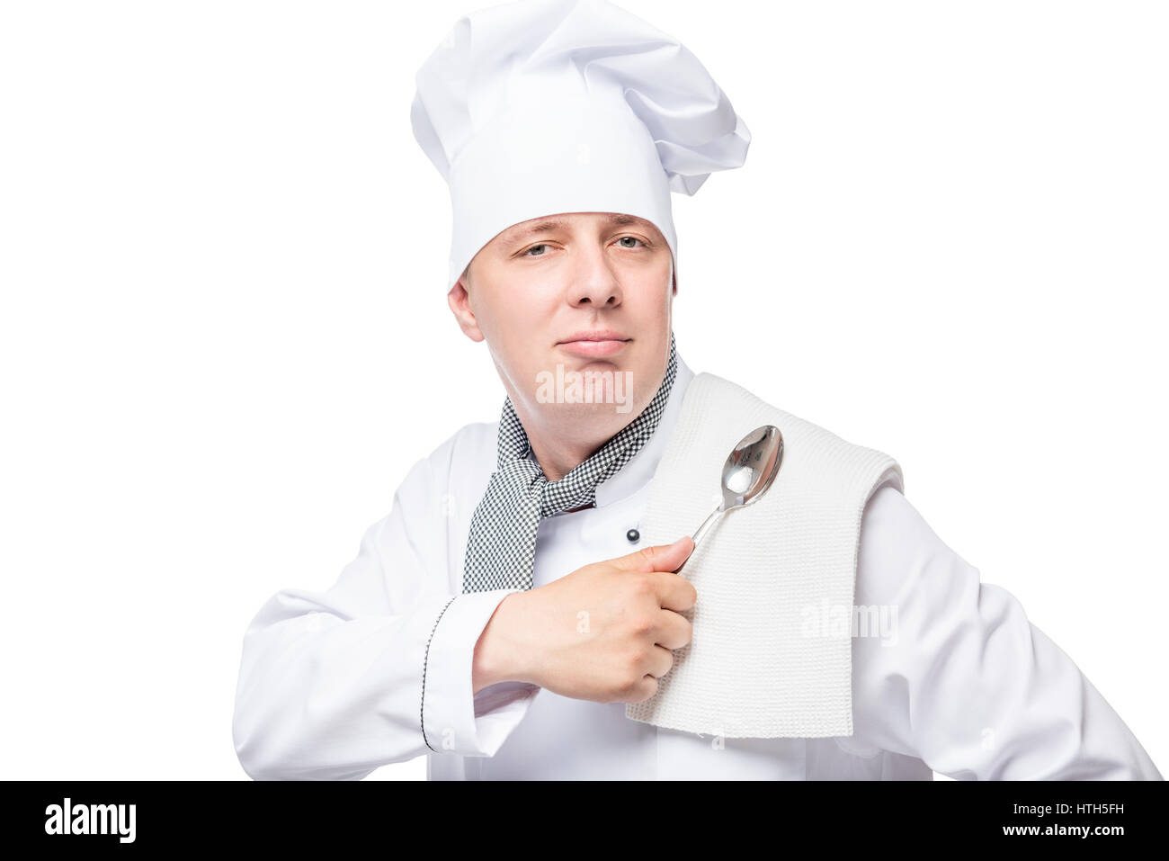successful chef with a towel and a spoon on a white background Stock ...